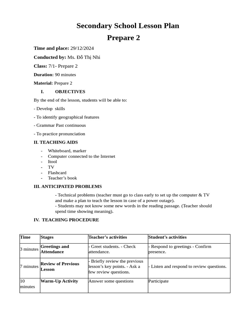 Secondary School Lesson Plan Prepare 2 msNhi | PDF | Teachers ...