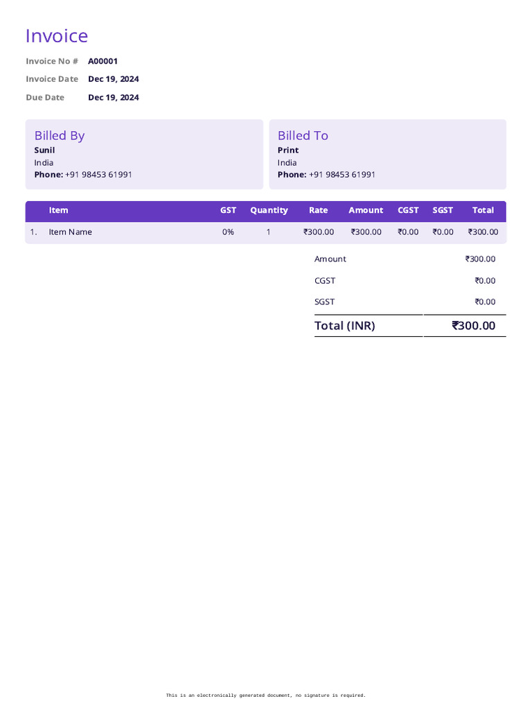 Invoice A00001: Sunil to Print | PDF