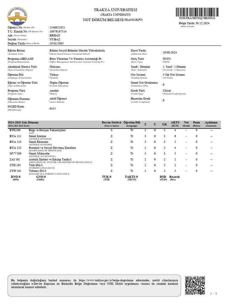 Yuksekogretim Kurulu Transkript Belgesi Sorgulama | PDF