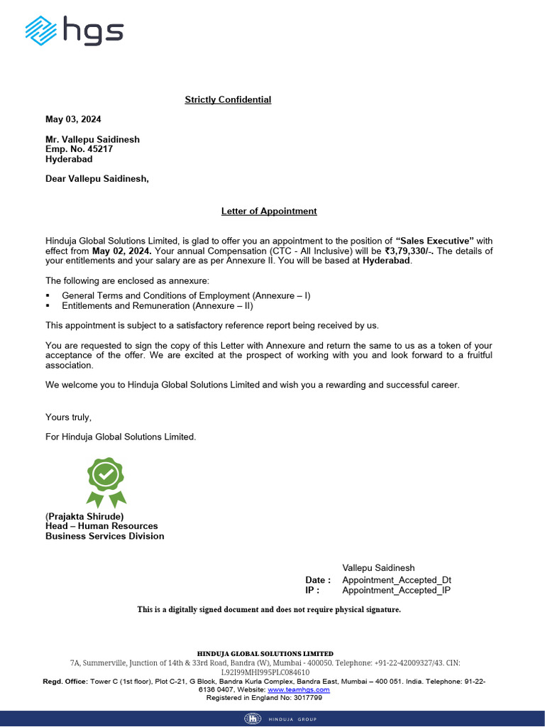Appointment Letter for Sales Executive | PDF | Employment | Insurance