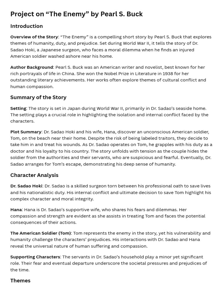 Project On "The Enemy" by Pearl S. Buck | PDF | Narrative | Prejudices