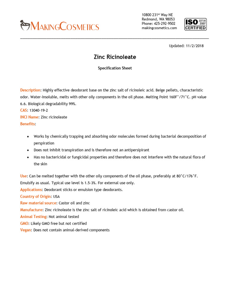 Fact Sheet Zinc Ricinoleate | PDF