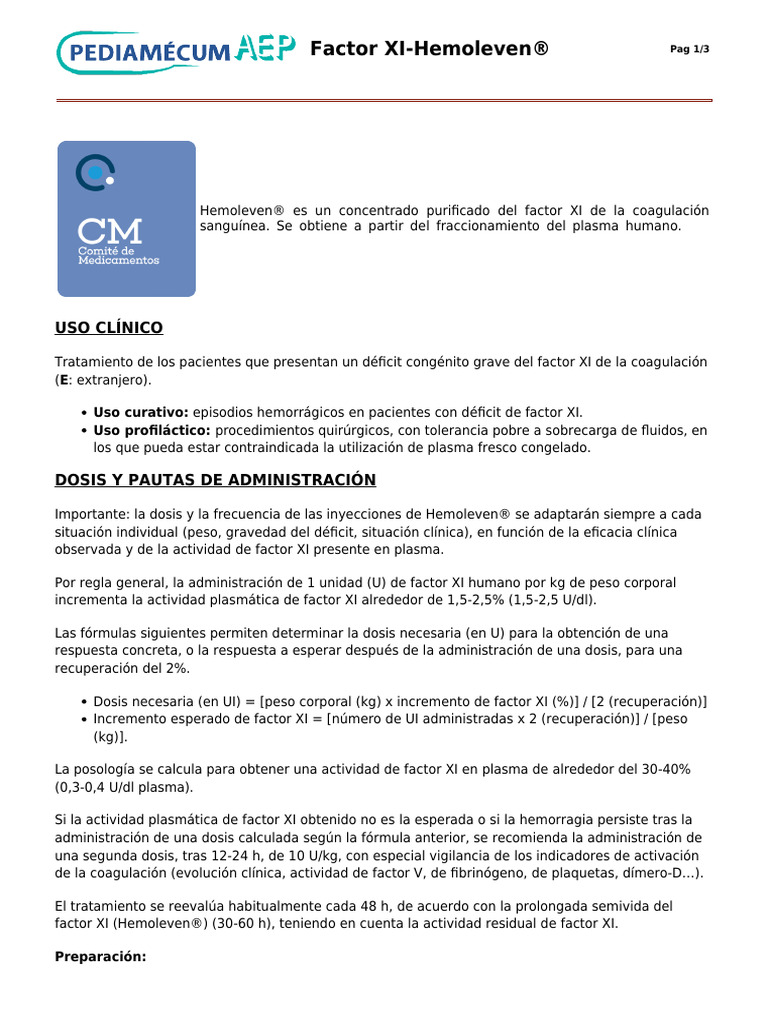 Factor XI-Hemoleven® | PDF | Coagulación | Medicamentos con receta