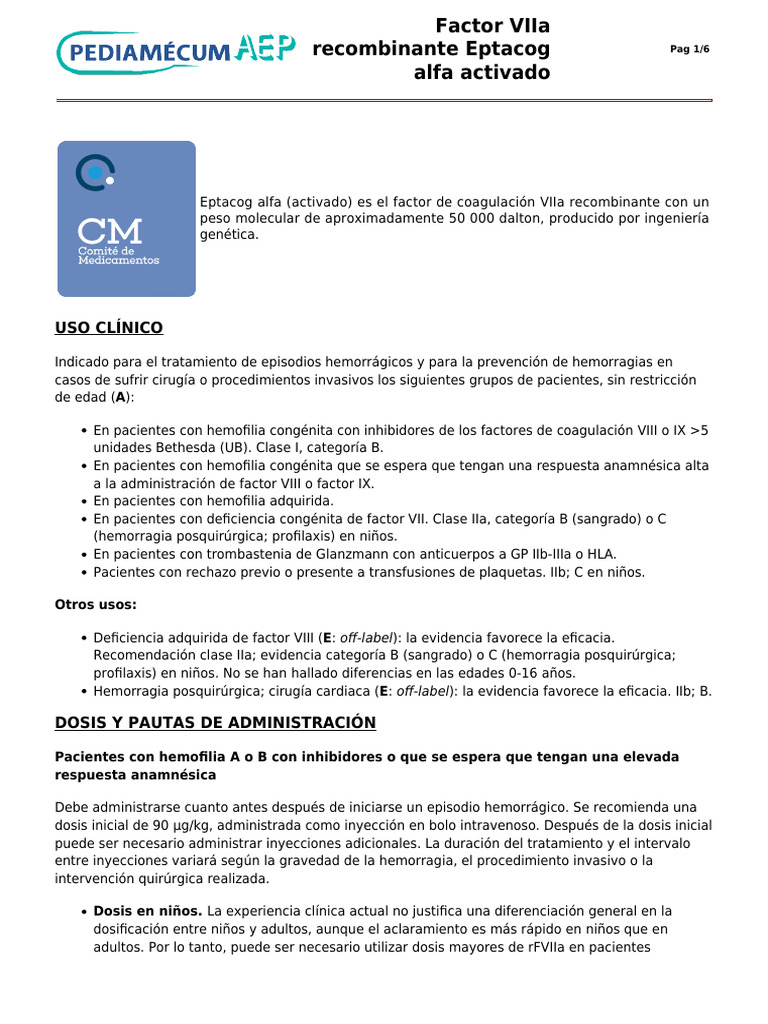 Factor VIIa Recombinante Eptacog Alfa Activado | PDF | Hemofilia ...