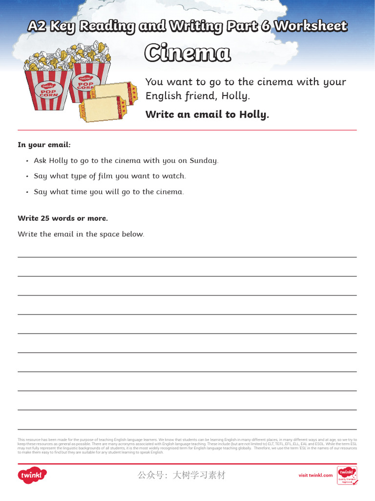 ESL A2 Key Reading and Writing Part 6 Worksheet (Cinema) | PDF