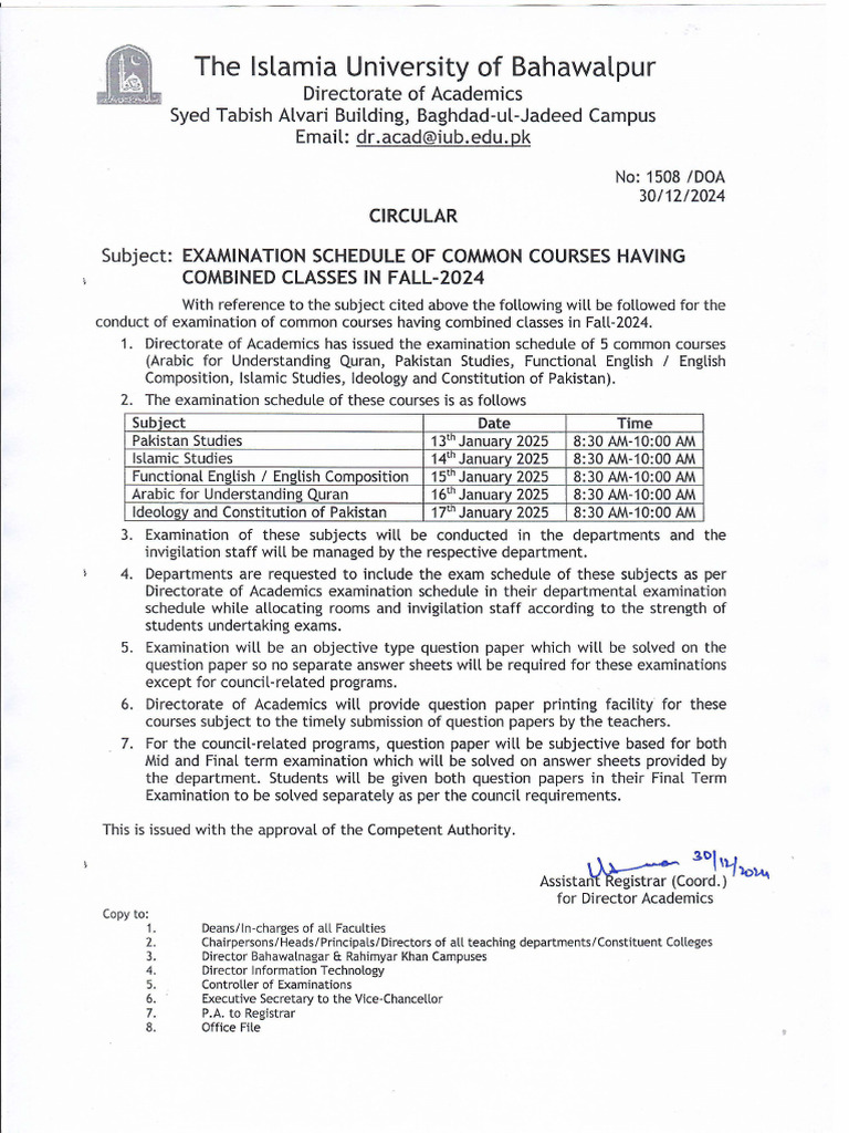 Examination Schedule of Common Courses Having Combined Classes in Fall ...