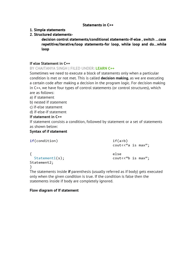 If else and Switch Statement in C++ | PDF | Control Flow | Namespace