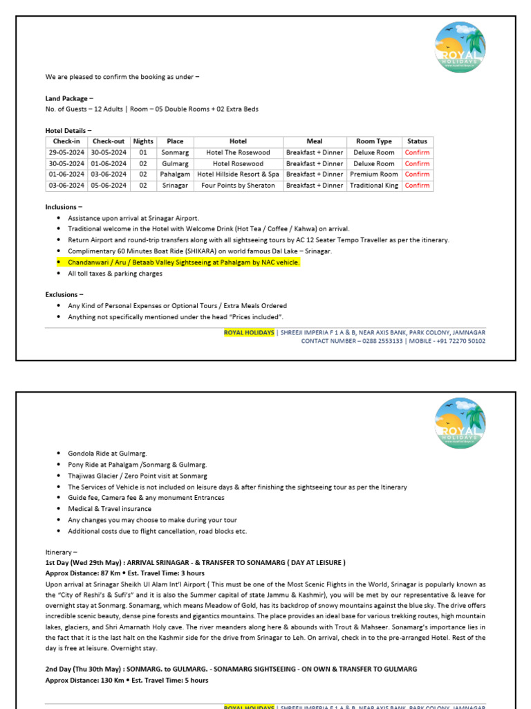 Kashmir Booking Details - Mr. Rishit Patel | PDF