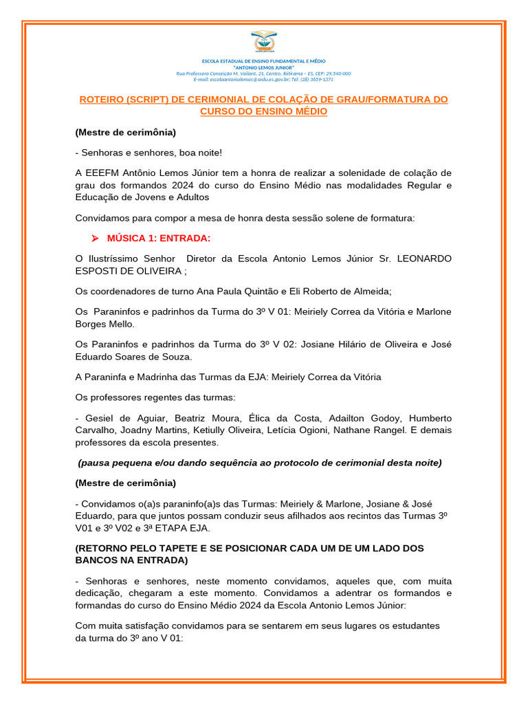 ROTEIRO FORMATURA ALJ 2024 | PDF