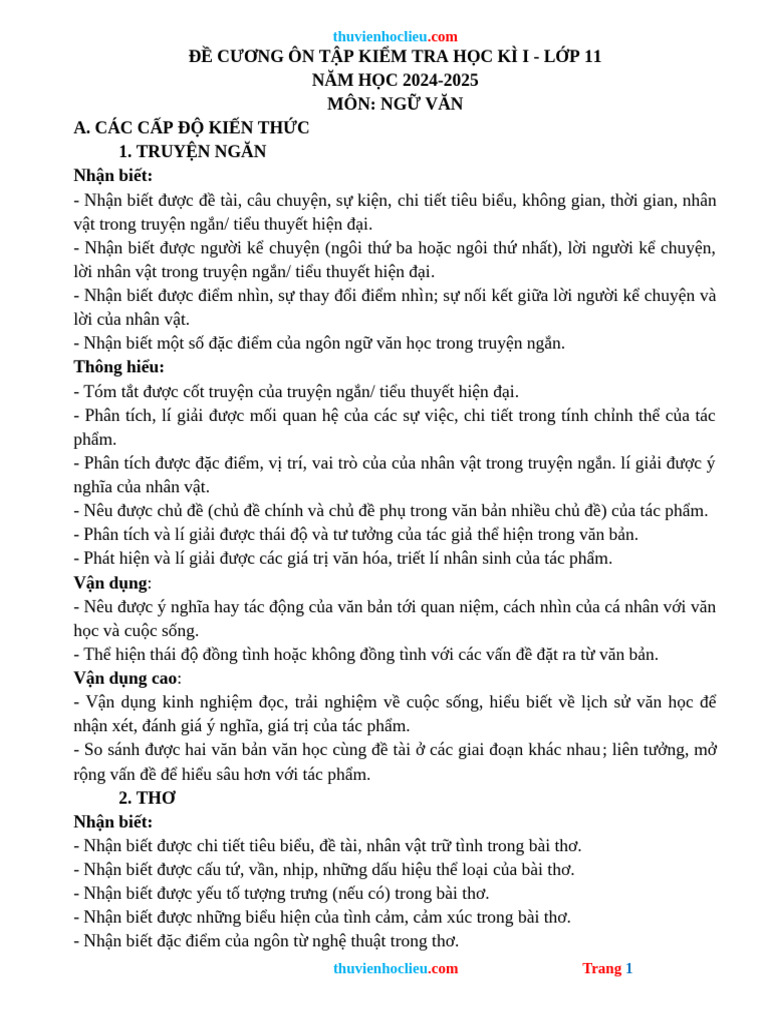 De Cuong On Tap HK1 Ngu Van 11 KNTT 24 25 1 | PDF