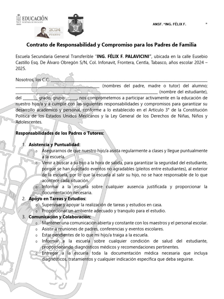 Contrato de Responsabilidad y Compromiso para Los Padres de Familia ...