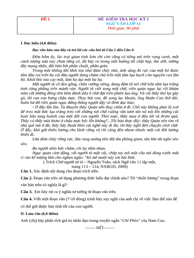 15 de Thi HK1 Ngu Van 11 Co Dap An | PDF