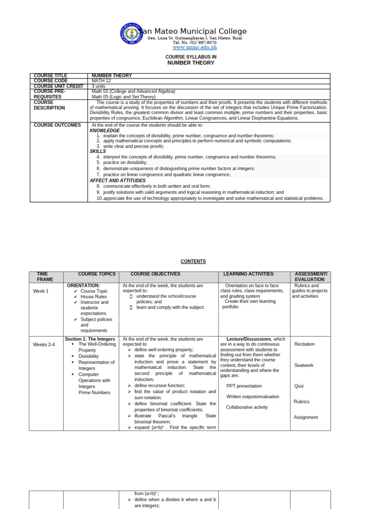 Number Theory Course Syllabus | PDF | Factorization | Prime Number