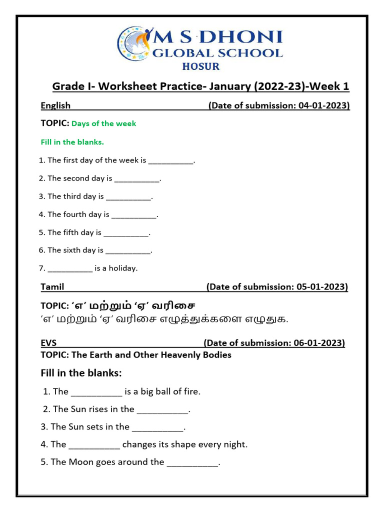 GRADE I JANUARY WORKSHEET PRACTICE WEEK 1 | PDF