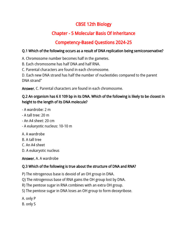 Molecular Basis of Inheritance - Important Competency-Based Questions ...