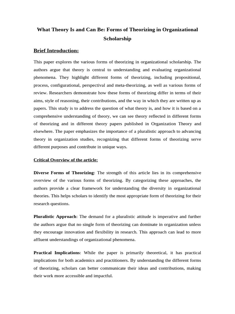What Theory Is and Can Be: Forms of Theorizing in Organizational ...