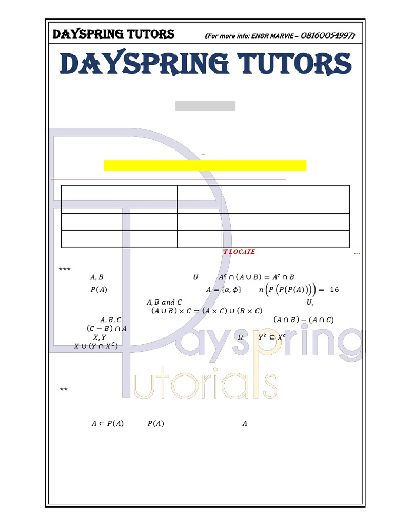 OAU MTH 101 PRACTICE QUESTION 2 On SET Theory by ENGR MUADH & MARVIE - 08160054997 | PDF ...