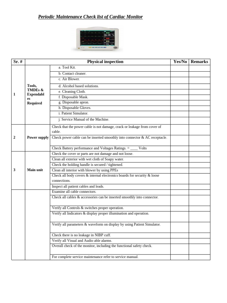 Cardiac Monitor Maintenance Checklist | PDF