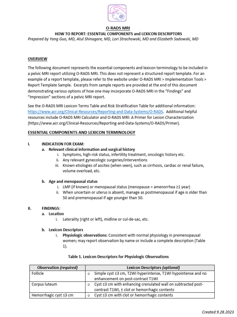 O-RADS MRI Reporting Guidelines | PDF | Ovary | Peritoneum