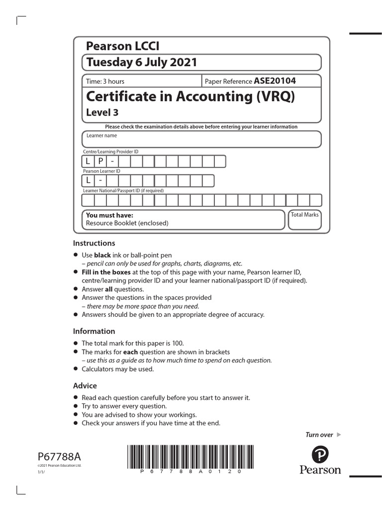 ASE20104 P67788 LCCI Level 3 Certificate in Accounting ASE20104 QP | PDF