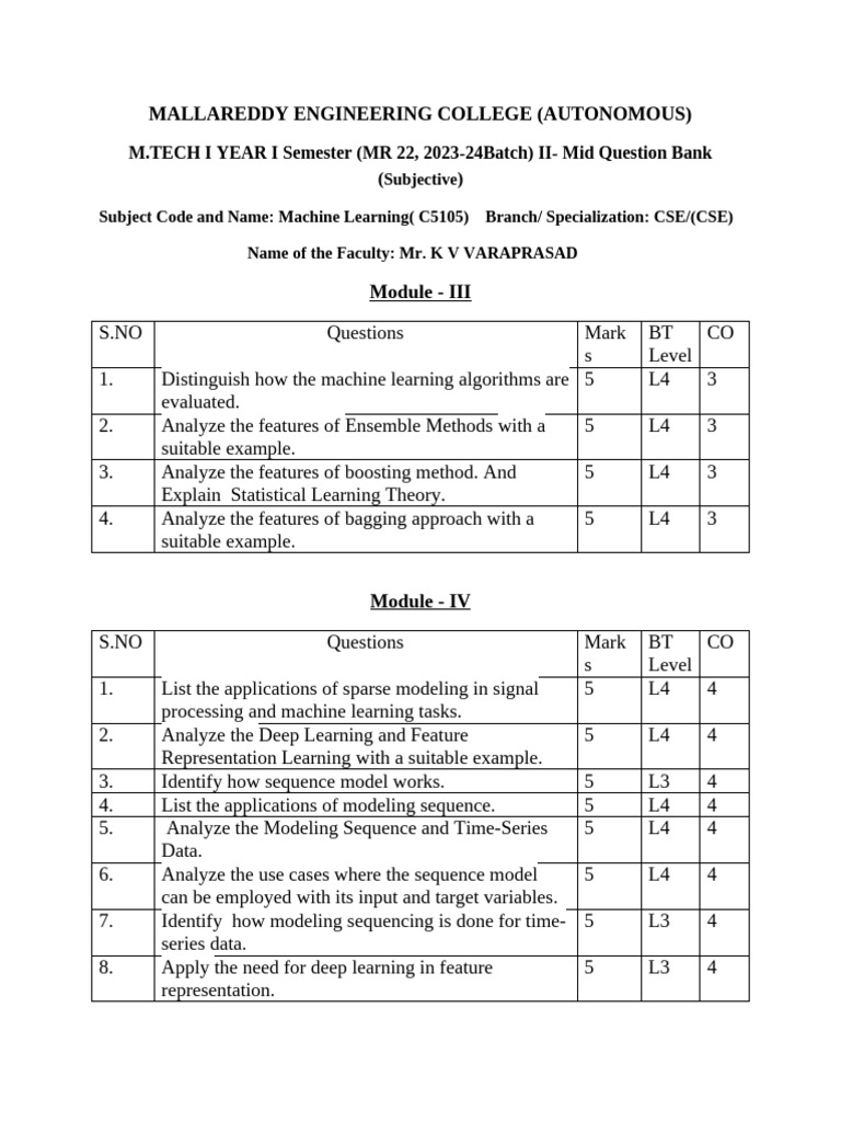 M tech - ML MID2- SUBJECTIVE (A5105) | PDF | Machine Learning | Applied Mathematics