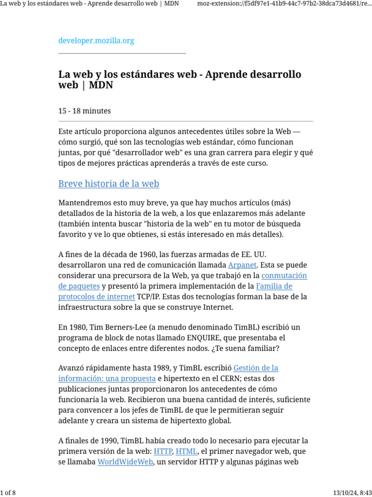 La Web y Los Estándares Web - Aprende Desarrollo Web - MDN | PDF | Red mundial | Internet y web