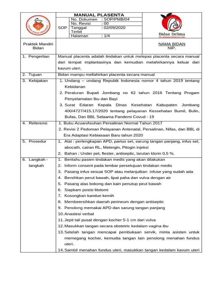 SOP PMB 04 MANUAL PLASENTA | PDF