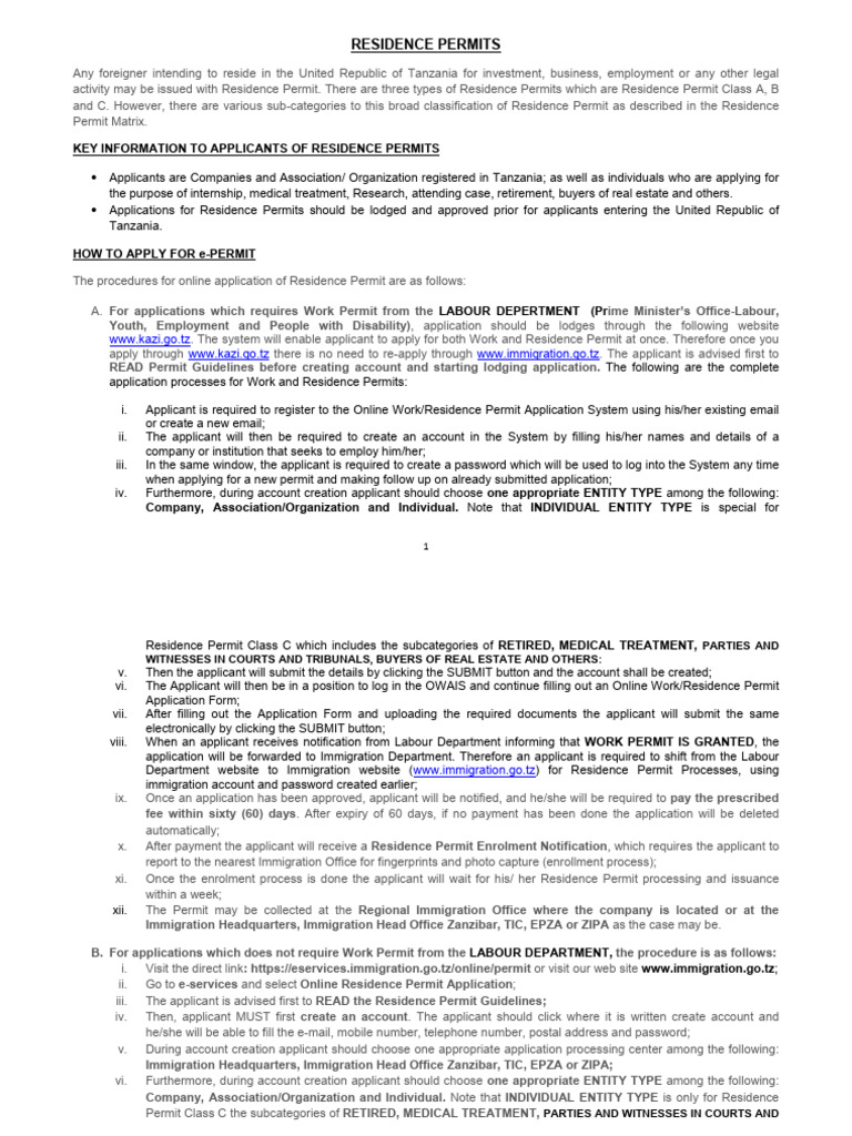 RESIDENCE PERMIT NEW GUIDELINES - As Per GN.428 To Be Uploaded | PDF ...
