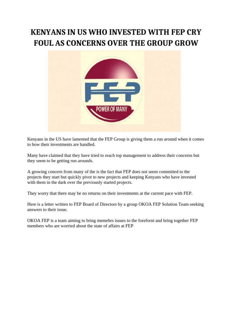KENYANS IN US WHO INVESTED WITH FEP CRY FOUL AS CONCERNS OVER THE GROUP GROW | PDF | Kenya