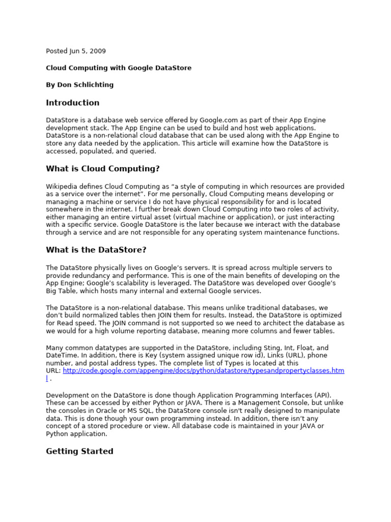 Cloud Computing With Google DataStore | PDF | Databases | Cloud Computing