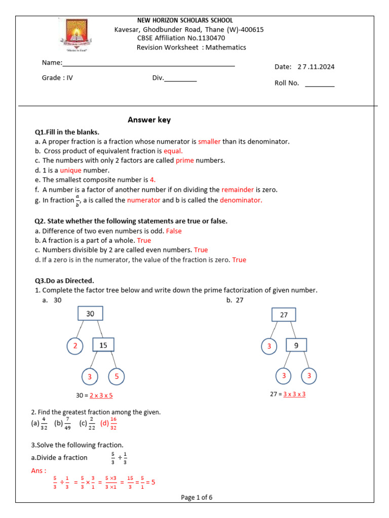 Maths Revision WS 1 Answer Key | PDF | Numbers | Mathematical Objects