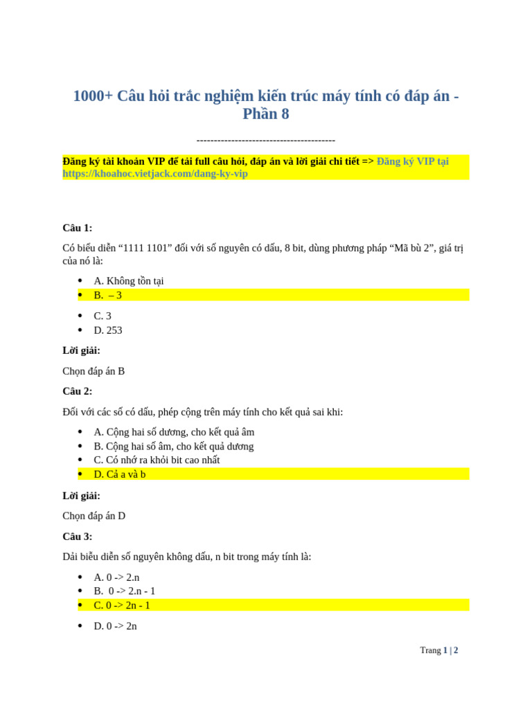 1000 Cau Hoi Trac Nghiem Kien Truc May Tinh Co Dap An Phan 8 - 2024 - 12 - 16 | PDF
