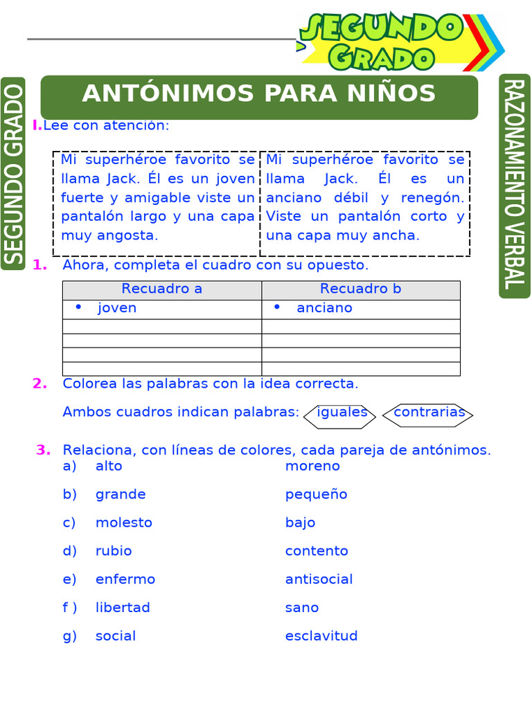 Antónimos para Niños para Segundo Grado de Primaria | PDF