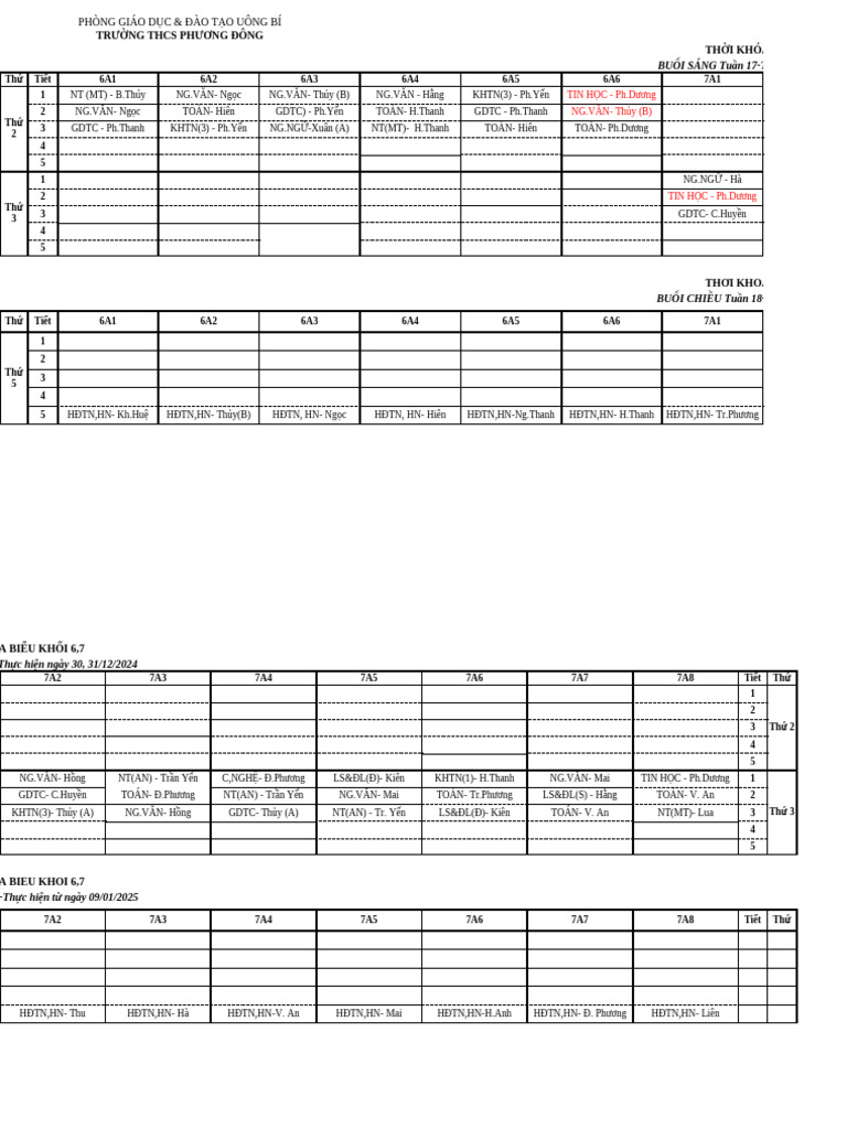 TKB Khối 6,7 Tuần 17 Dạy Bù Buổi Sáng (Thực Hiện Từ 30-12-2024 Đến 04-01-2025) | PDF