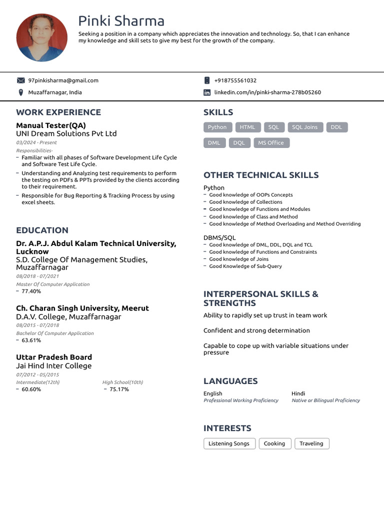 PinkiSharma_Resume_UNI | PDF | Sql | Software Engineering
