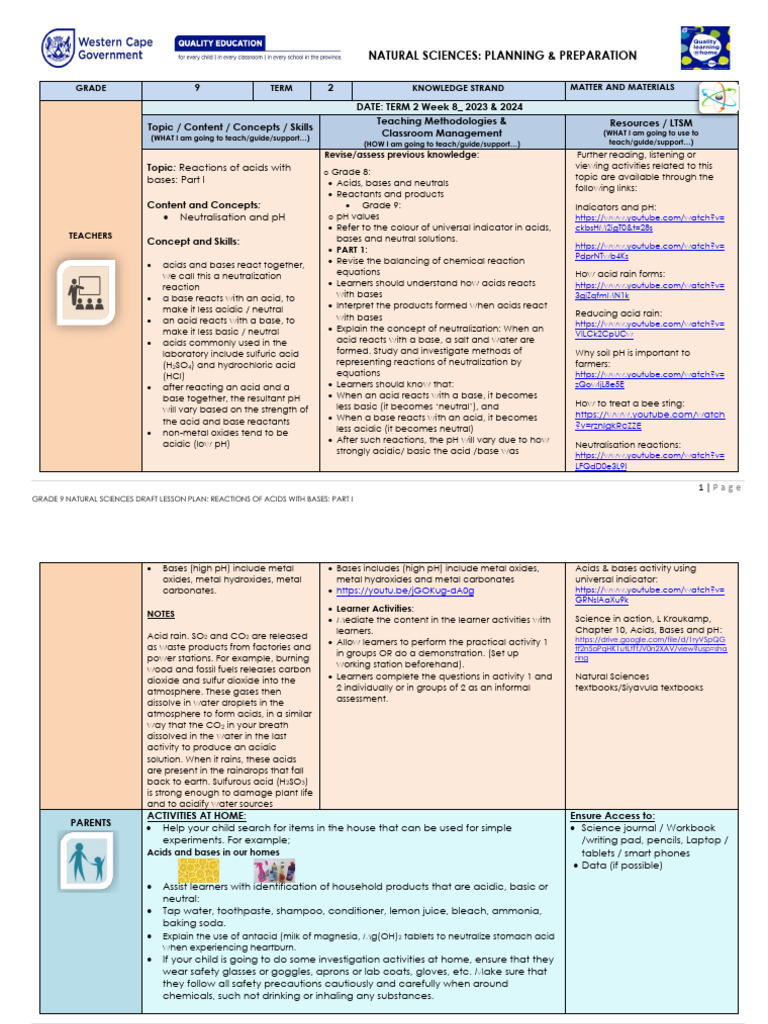 Lesson Plan Gr. 9 Natural Sciences T2 W8 | PDF | Oxide | Acid