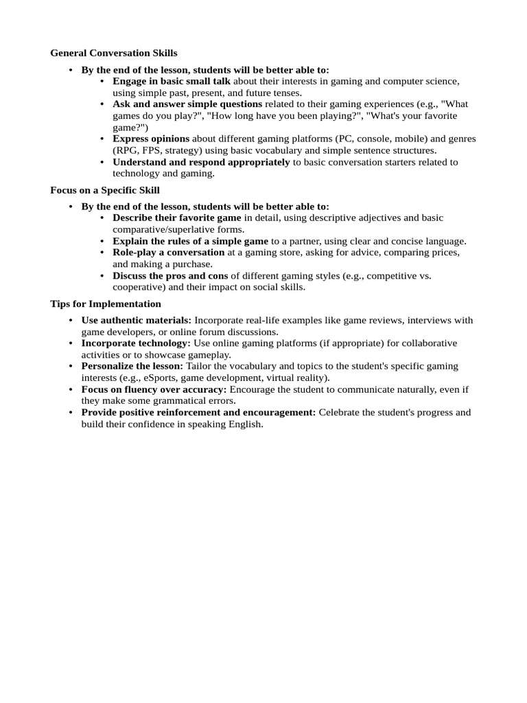 A2 Conversation Lesson Plan | PDF