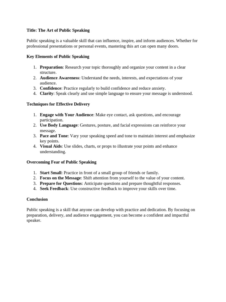 Title The Art of Public Speaking | PDF