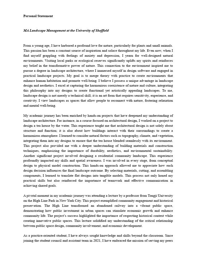 Personal Statement for MA Landscape Management | PDF | Sustainability ...