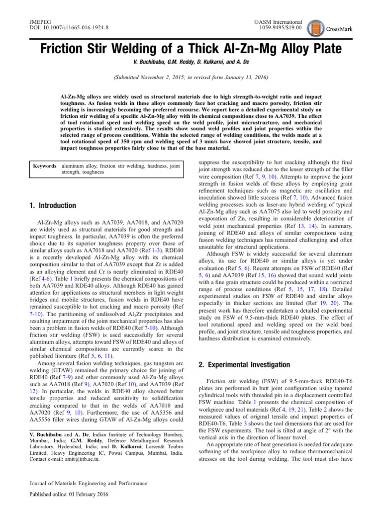 3.Friction Stir Welding of a Thick Al-Zn-Mg Alloy Plate | PDF | Welding | Construction