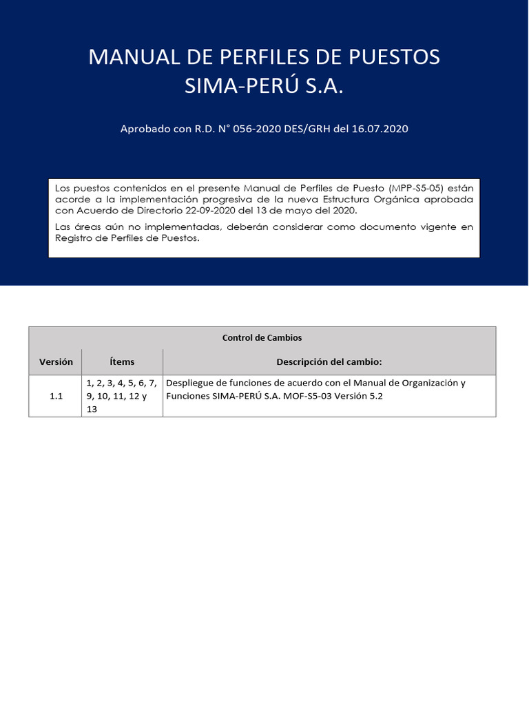 Sima Peru MPP Manual de Perfil de Puesto | PDF | Planificación | Titulo academico