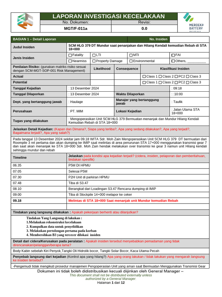 MGT-F-011a Laporan Investigasi Kecelakaan_ID SCM HLG 379 HOWO | PDF