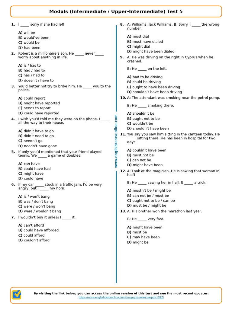 Modals Test: Intermediate/Upper-Int | PDF