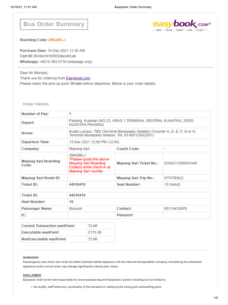 Easybook - Order Summary | PDF
