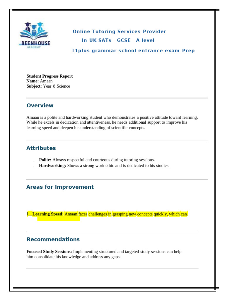Year 8 Science Progress Report for Amaan | PDF | Science
