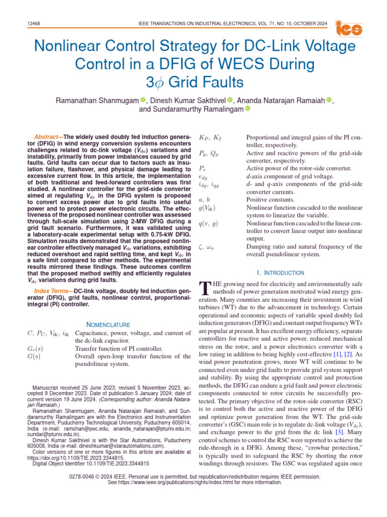 Nonlinear Control Strategy For DC-Link Voltage Control in A DFIG of WECS During 3 Grid Faults ...