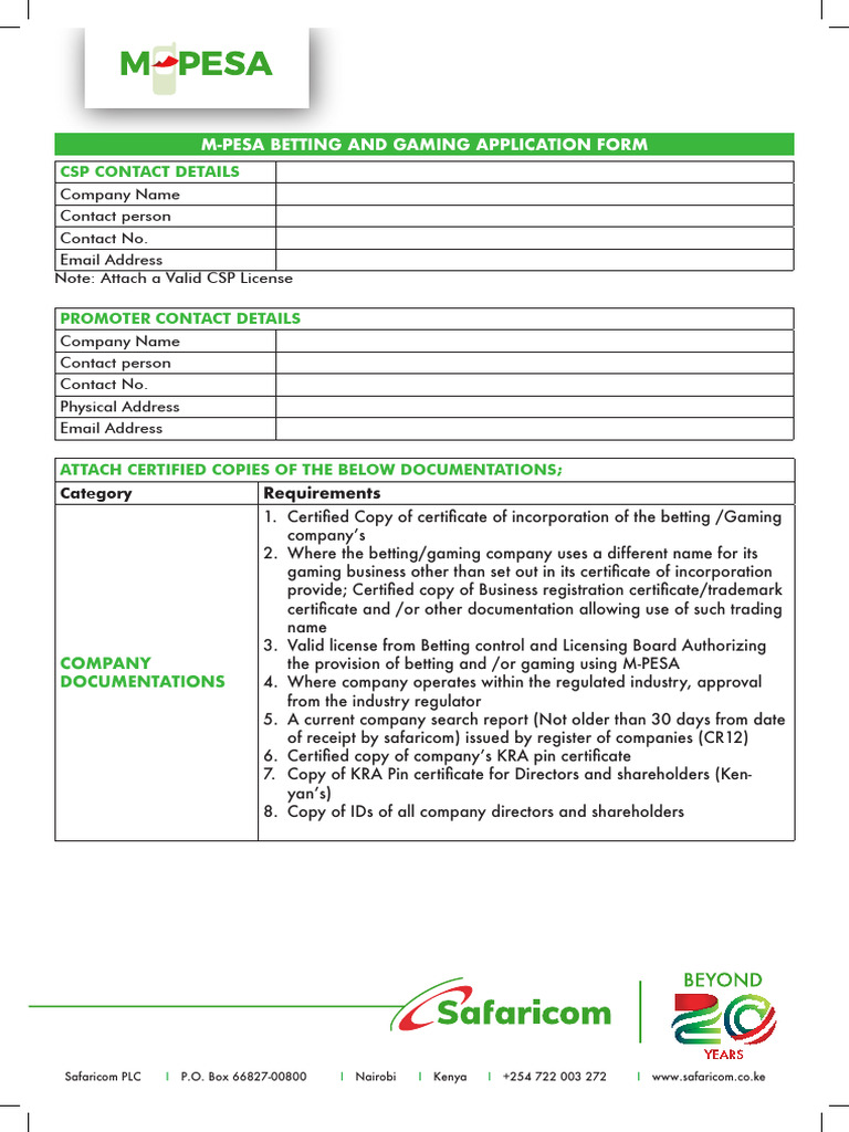 MPESA_GAMING_AND_BETTING_APPLICATION_FORM_1 | PDF | Grammatical Gender | Service Industries