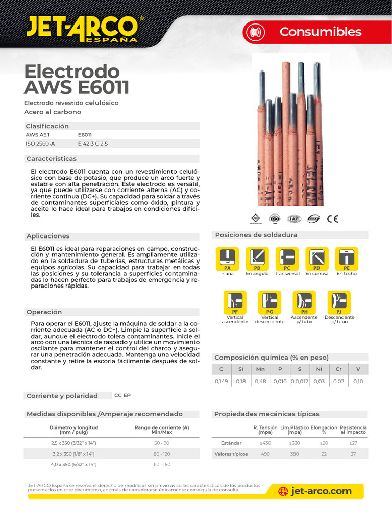 Ficha Tecnica Electrodo AWS E6011 | PDF | Soldadura | Construcción