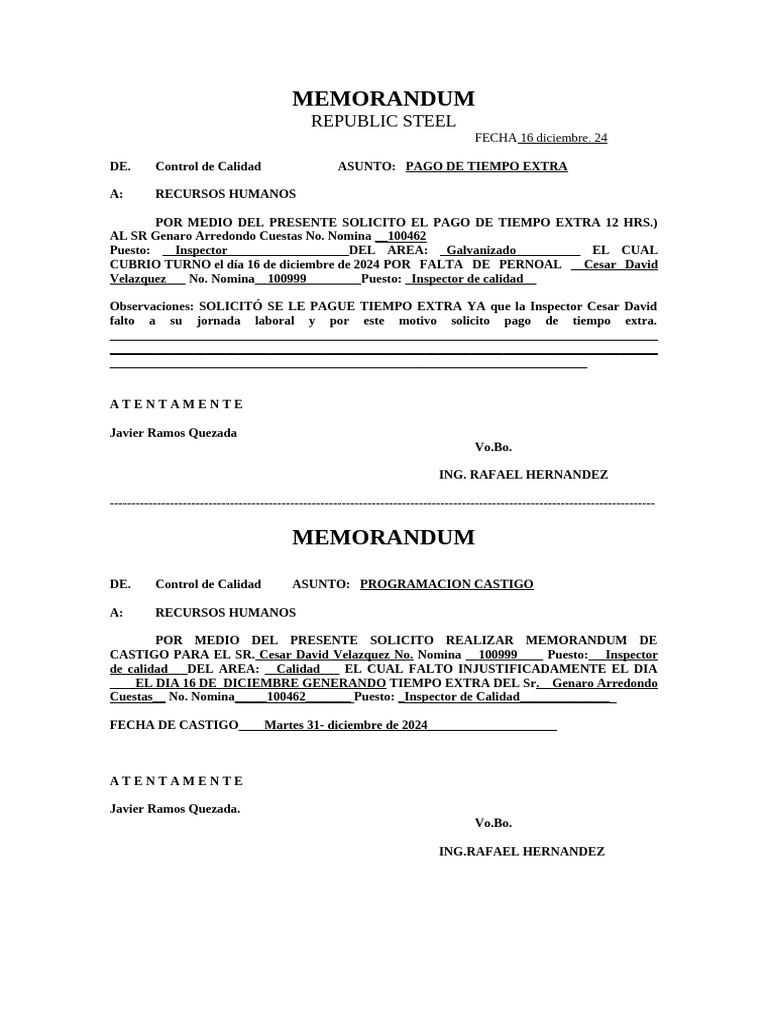 MEMO FORMATO TIEMPO EXTRA Y CASTIGO | PDF