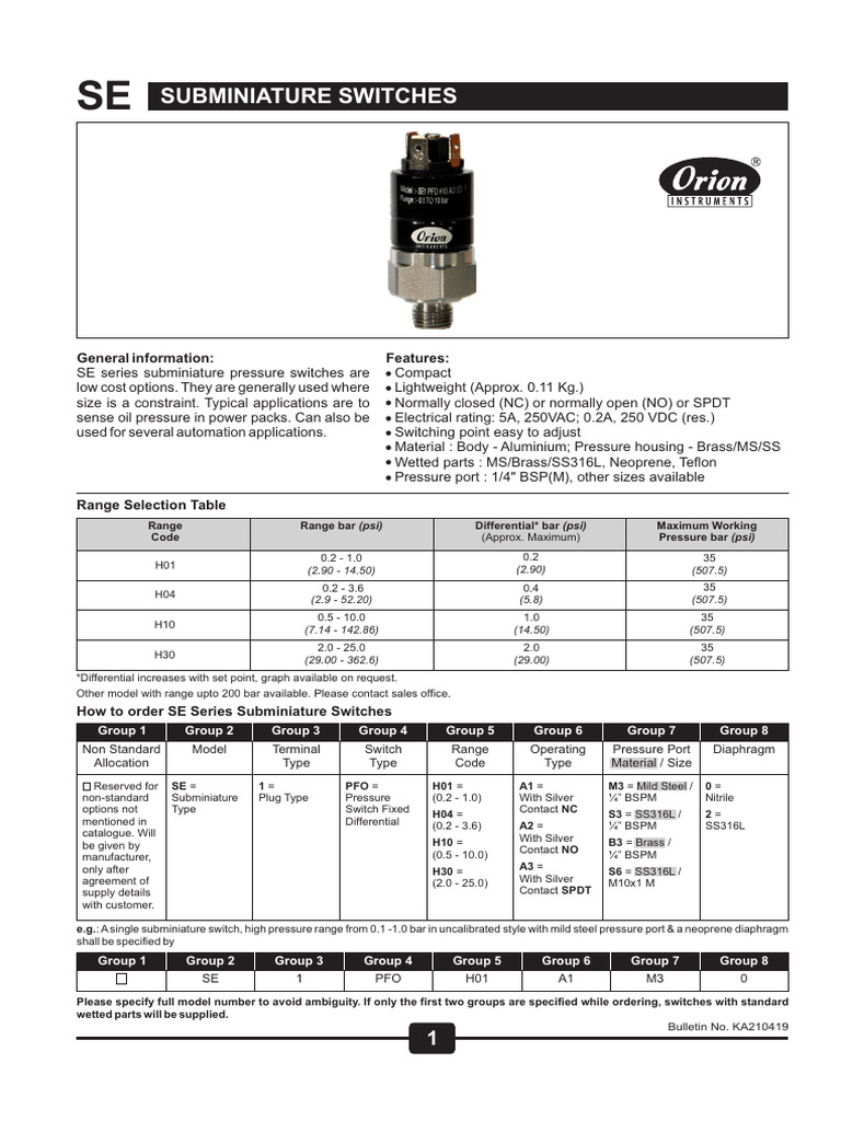 SE Subminiature Pressure Switch Guide | PDF | Switch | Calibration